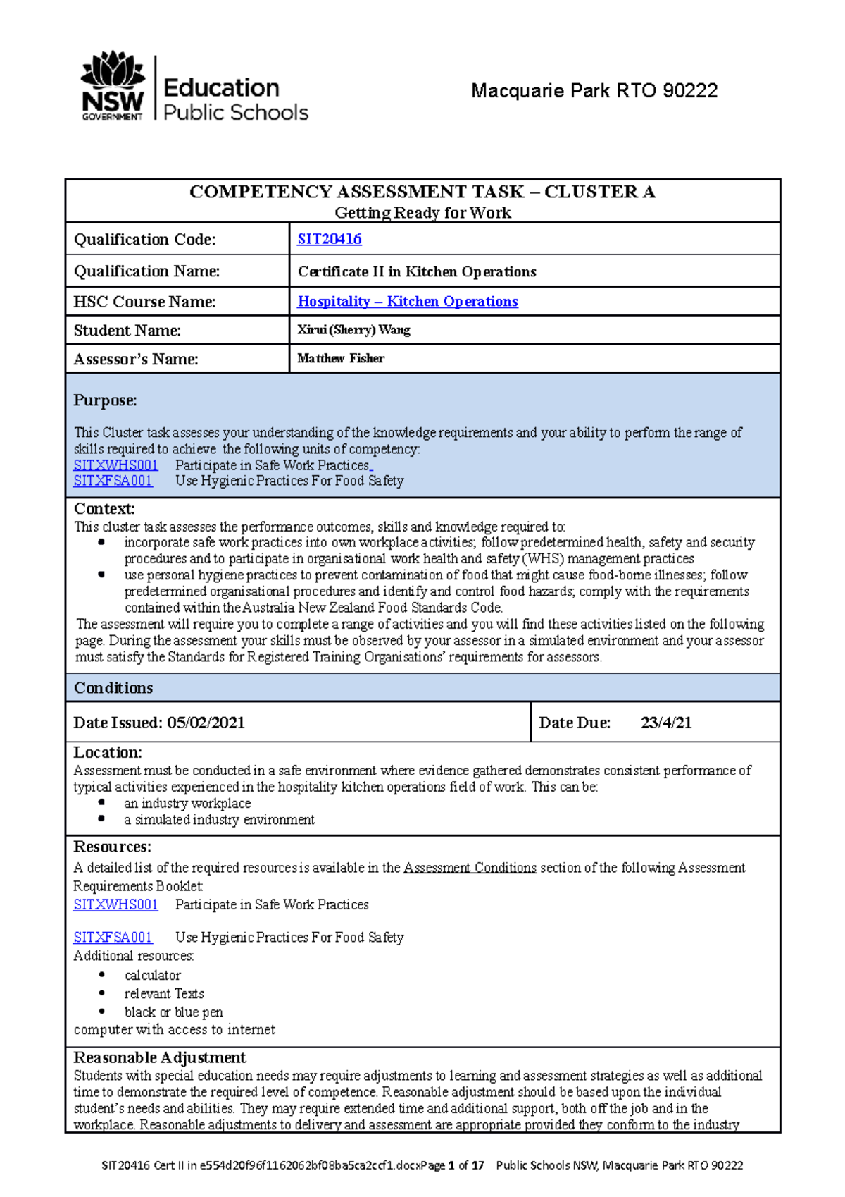 Hospitality KO Task A - KO task - COMPETENCY ASSESSMENT TASK – CLUSTER ...