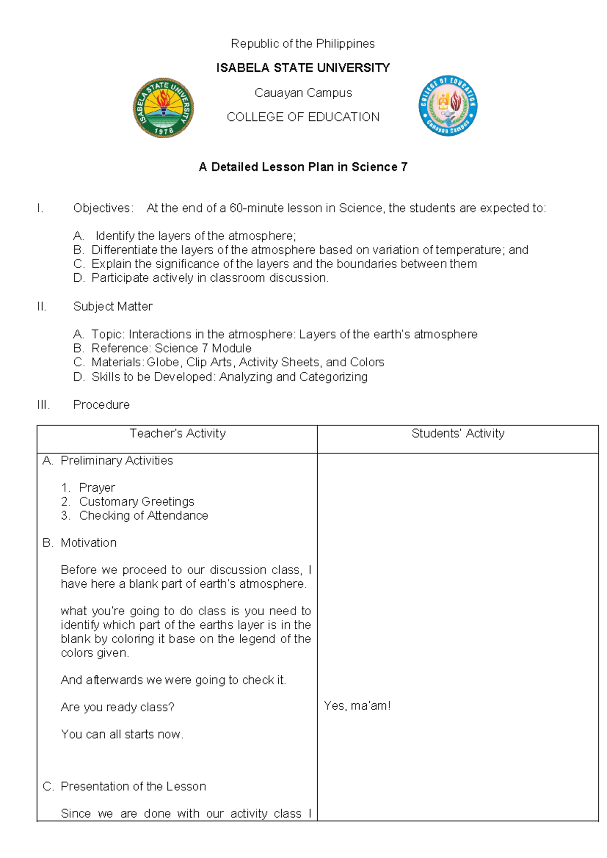 599652909-DLP- Atmosphere - Republic of the Philippines ISABELA STATE UNIVERSITY Cauayan Campus ...