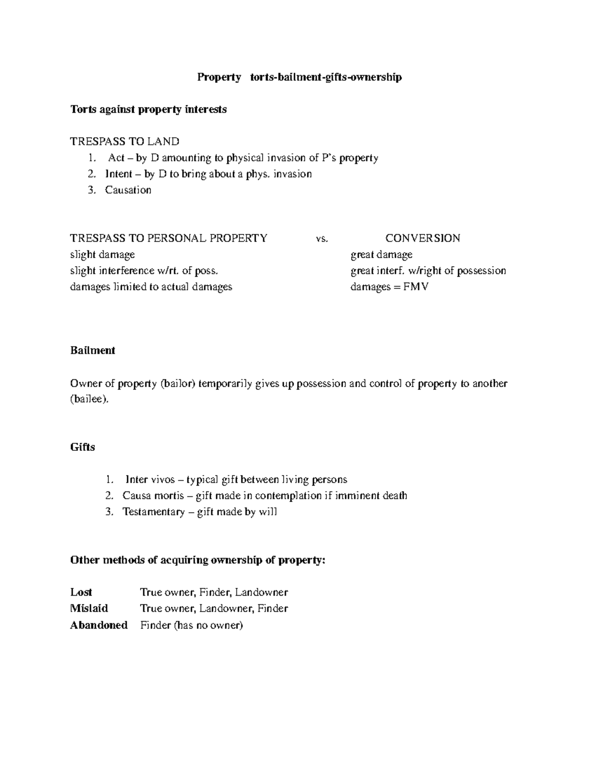 Property Torts, Bailment, & Gifts - MGMT 3310 - ETSU - Studocu