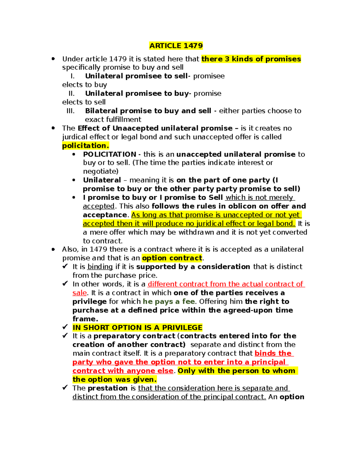Article 1479 - Law on Sales lecture notes - ARTICLE 1479 Under article ...
