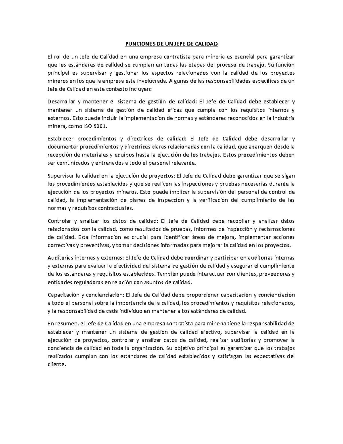 Funciones DE UN JEFE DE Calidad - FUNCIONES DE UN JEFE DE CALIDAD El ...