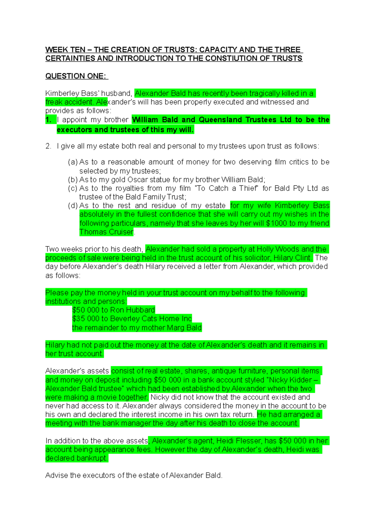 WEEK TEN Tutorial - Lecture notees - WEEK TEN – THE CREATION OF TRUSTS: CAPACITY AND THE THREE ...