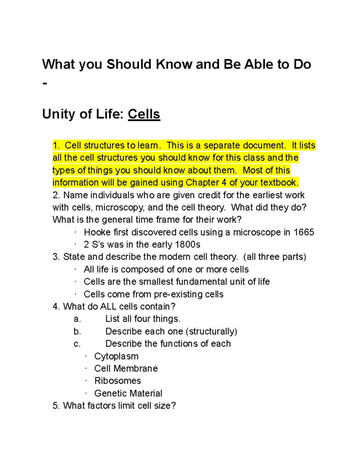 Cells Review Sheet - What you Should Know and Be Able to Do - Unity of ...