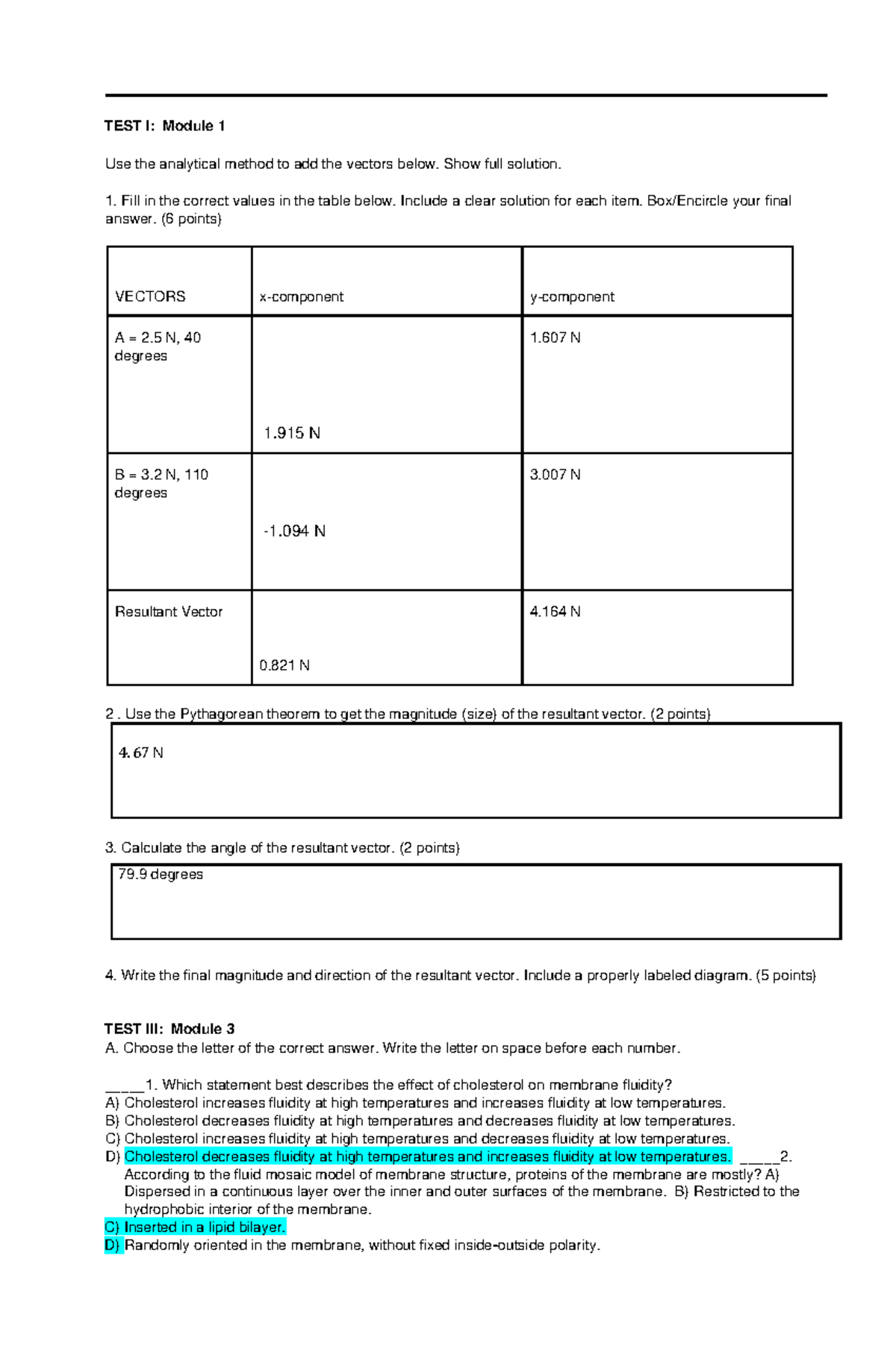 Biophysics Exam Answers - TEST I: Module 1 Use the analytical method to ...