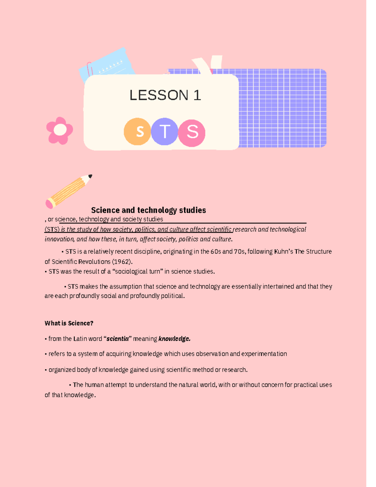 Lesson 1 - Lecture notes 1 - Science Technology and Society - DHVSU ...