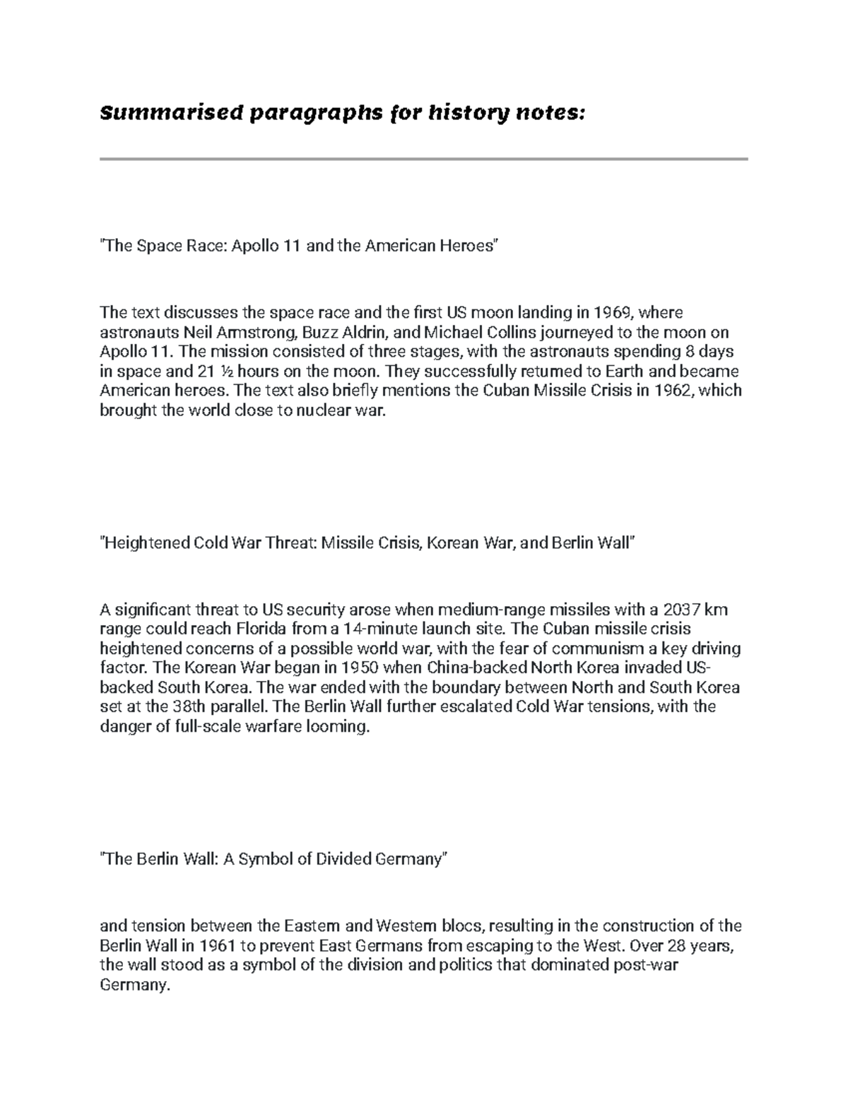 Summarised paragraphs for history notes - Summarised paragraphs for ...