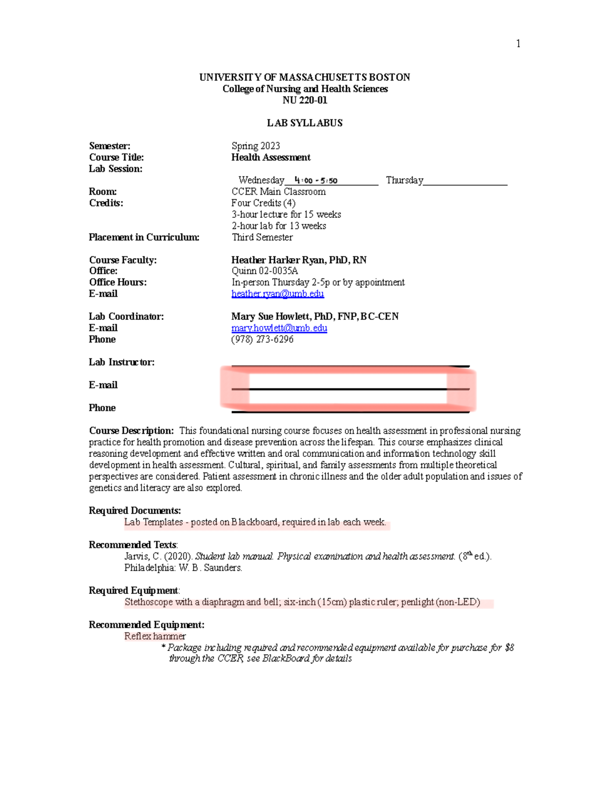 Spring 2023 Lab Syllabus - UNIVERSITY OF MASSACHUSETTS BOSTON College ...