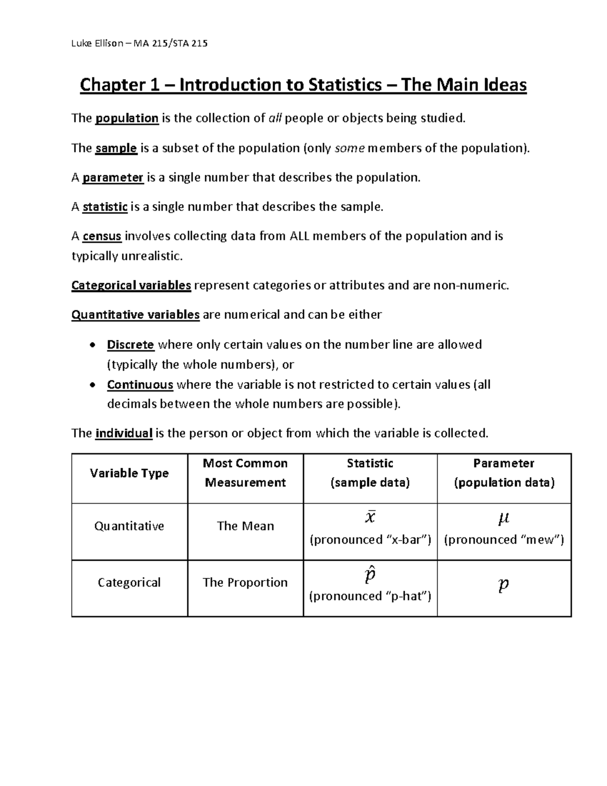 Chapter 1 Handout - Luke Ellison – MA 215/STA 215 Chapter 1 ...