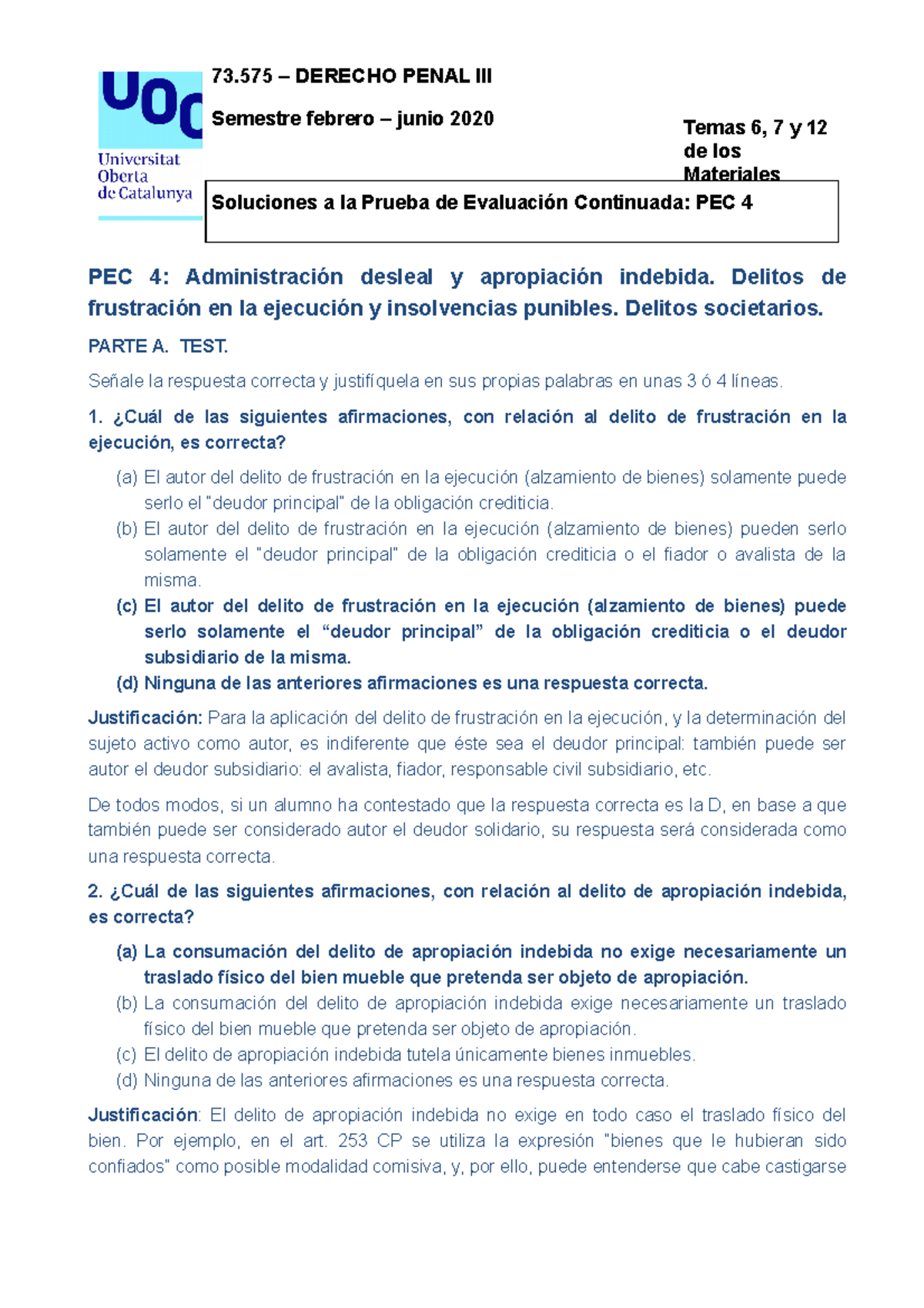 SolPec 4 derecho penal económico - 73 – DERECHO PENAL III Semestre febrero – junio 2020 Temas 6 ...