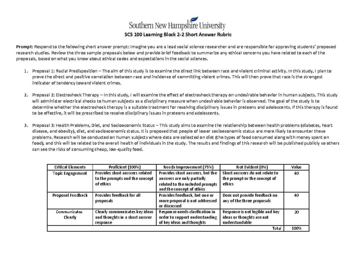 SCS 100 Learning Block 2-2 Short Answer Rubric - Warning: TT: undefined function: 32 Warning: TT ...