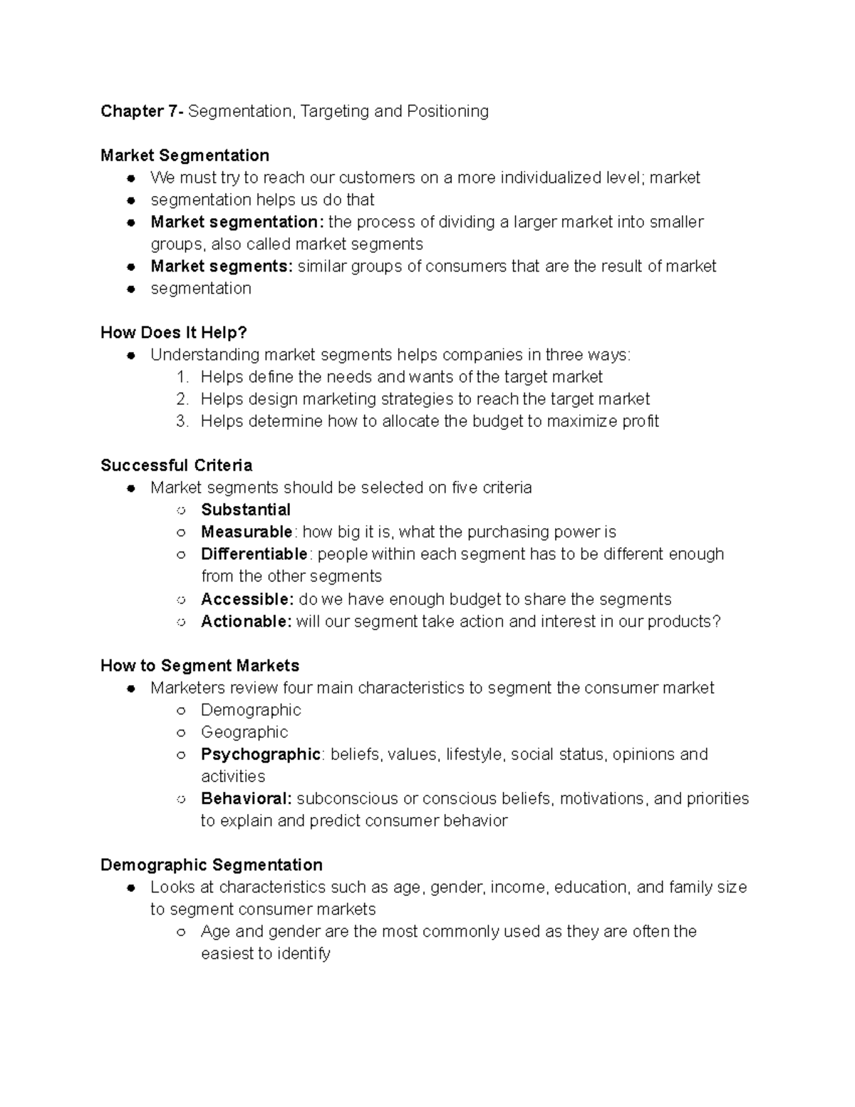 Chapter 7+8 - Google Docs - Chapter 7- Segmentation, Targeting and Positioning Market ...