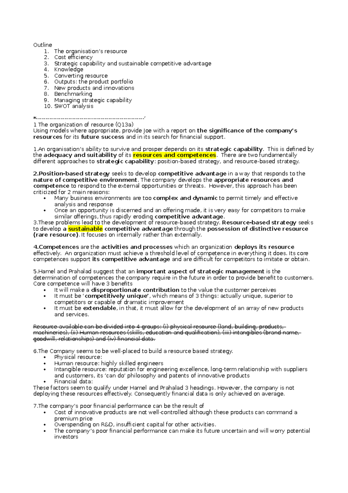 Chapter 4 - Strategic capability - Outline 1. The organisation’s ...