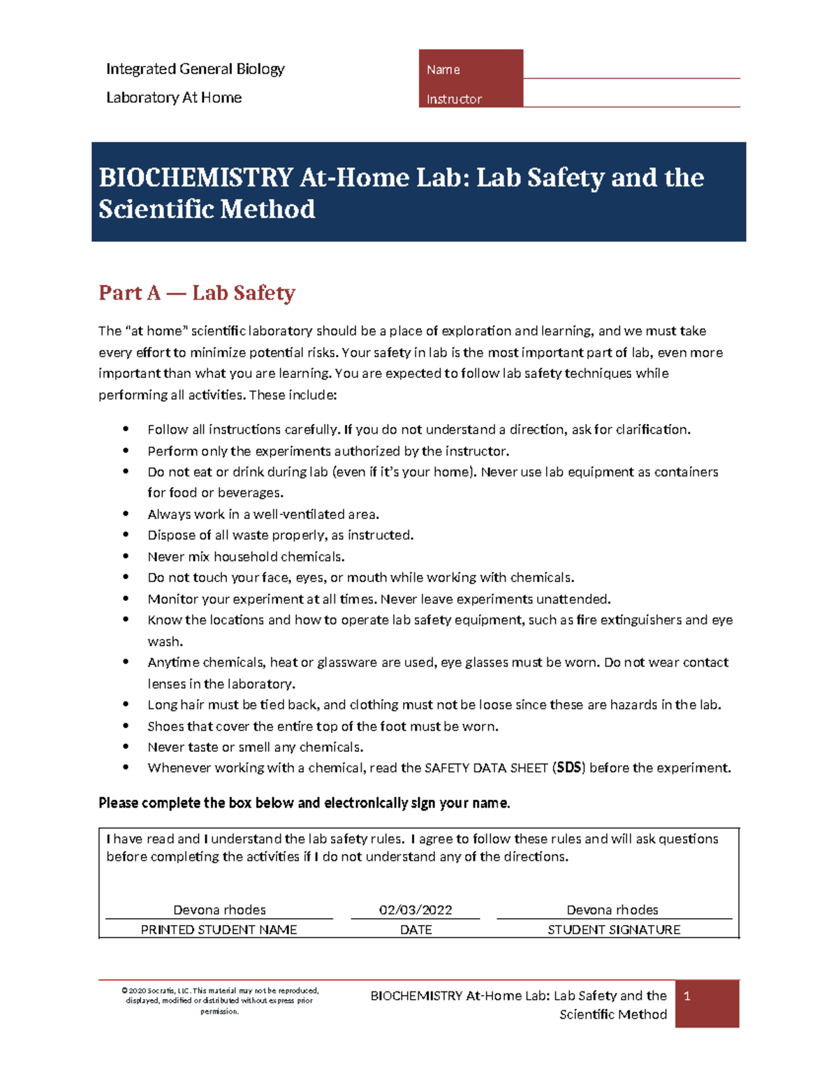 Biochem LAB At-Home 01 Lab Safety and Scientific Method (1 ...