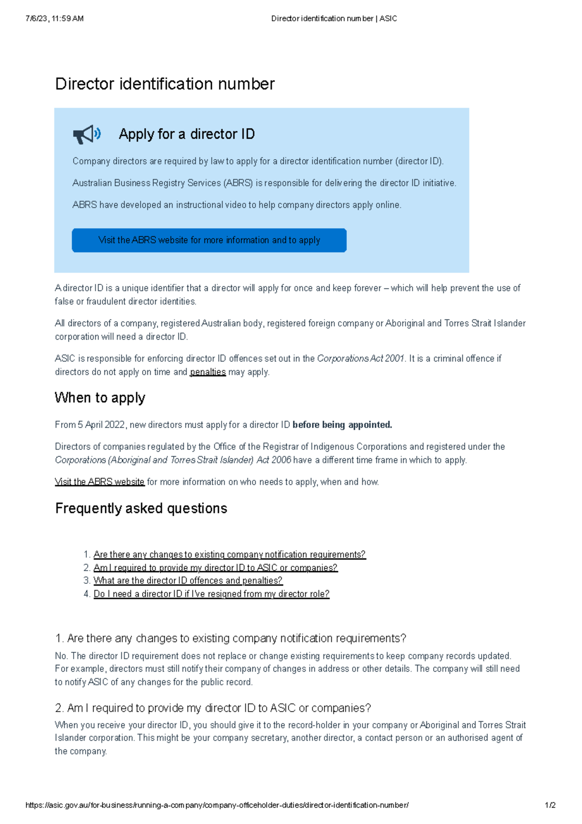 Director identification number ASIC - - Studocu