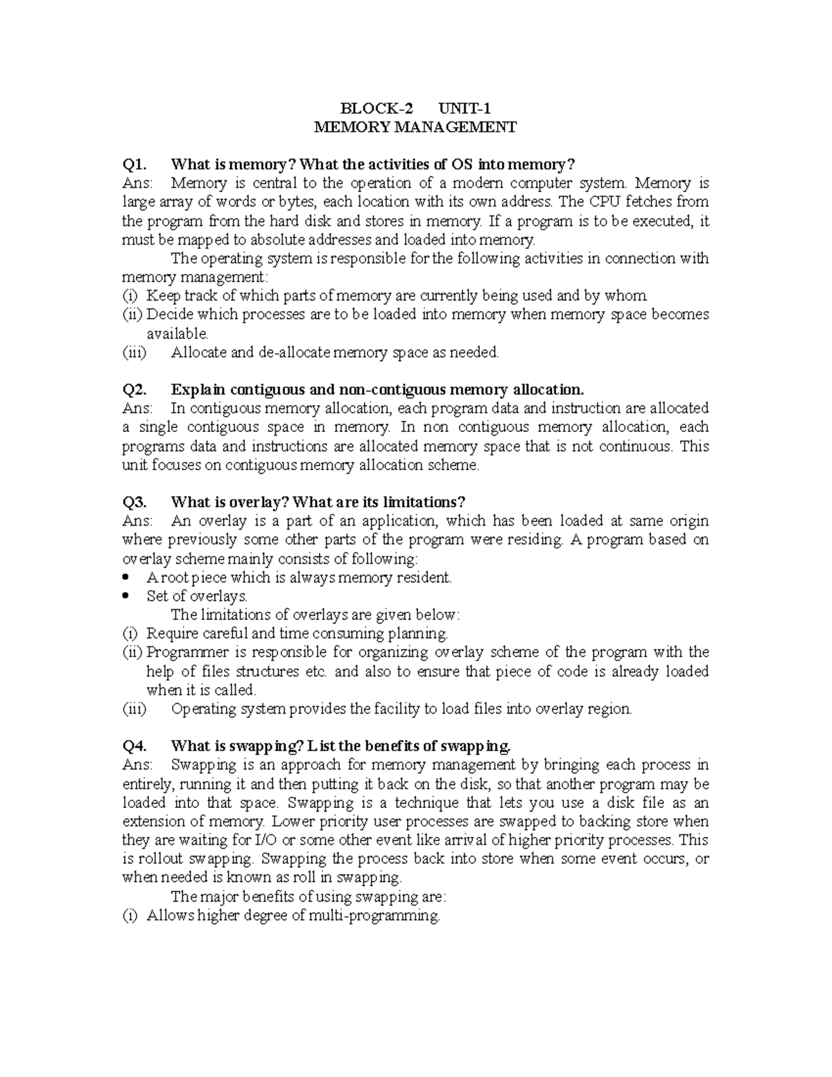 Unit 1 - Memory Management - BLOCK-2 UNIT-1 MEMORY MANAGEMENT Q1. What is memory? What the - Studocu
