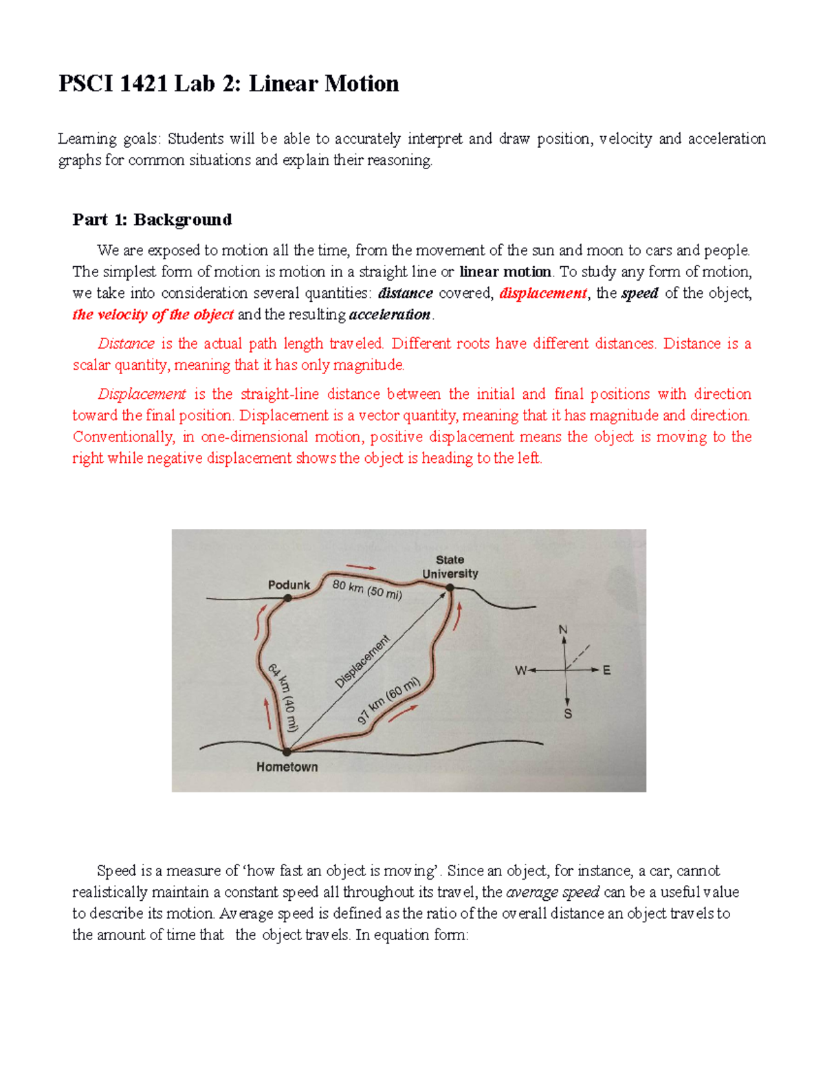 PSCI 1421 Lab 2 - Physical science lab 2 - PSCI 1421 Lab 2: Linear Motion Learning goals ...