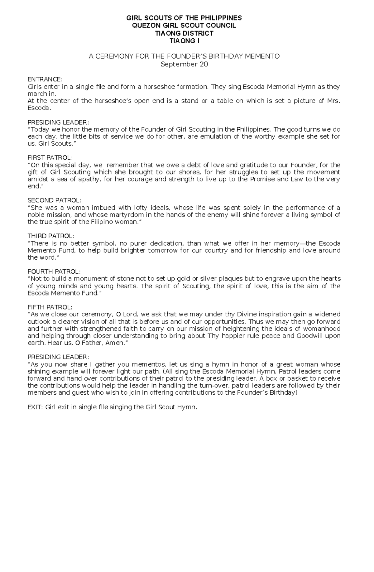 Escoda- Ceremony - lecture - GIRL SCOUTS OF THE PHILIPPINES QUEZON GIRL ...