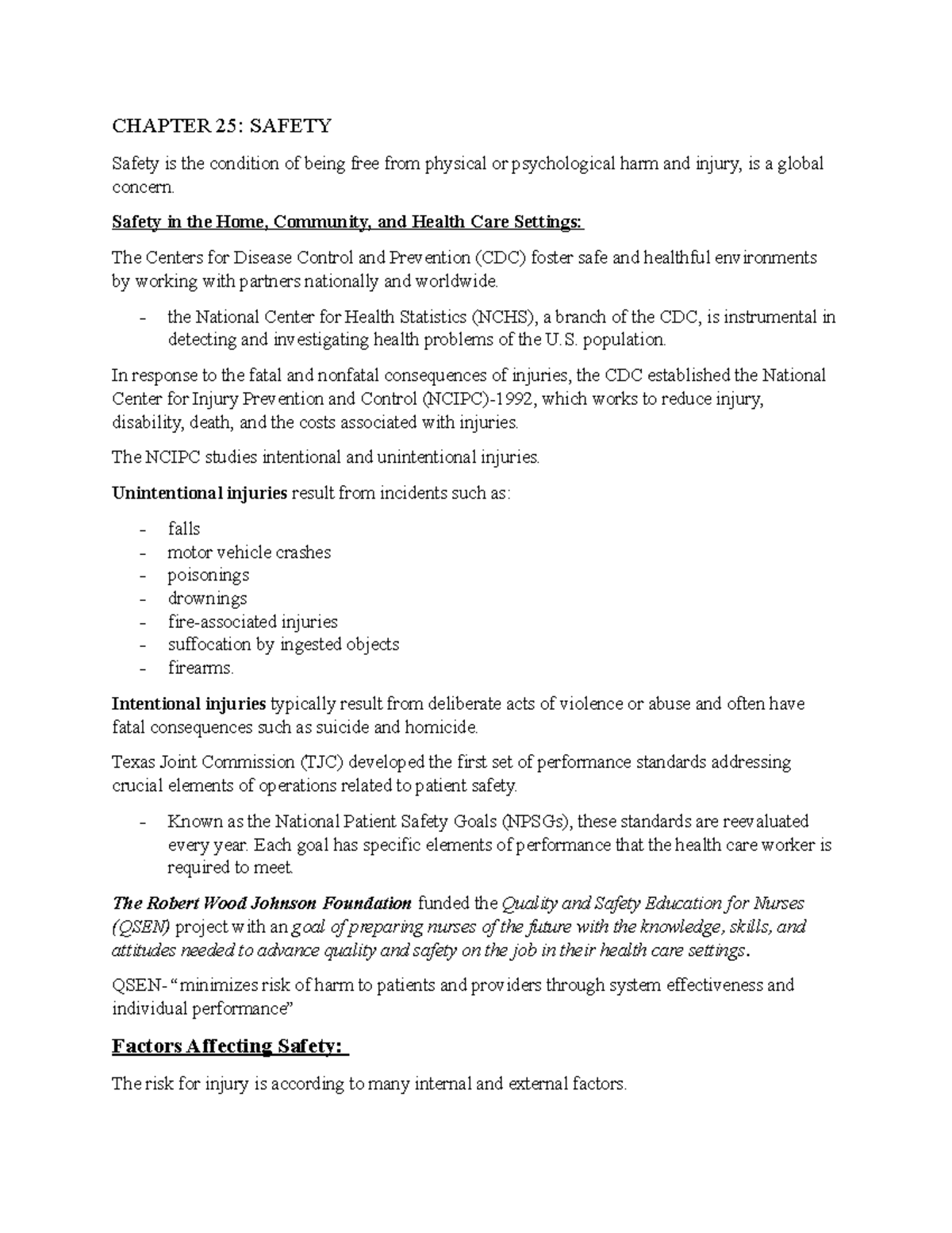 CH 25 Study Guide - notes - CHAPTER 25: SAFETY Safety is the condition ...