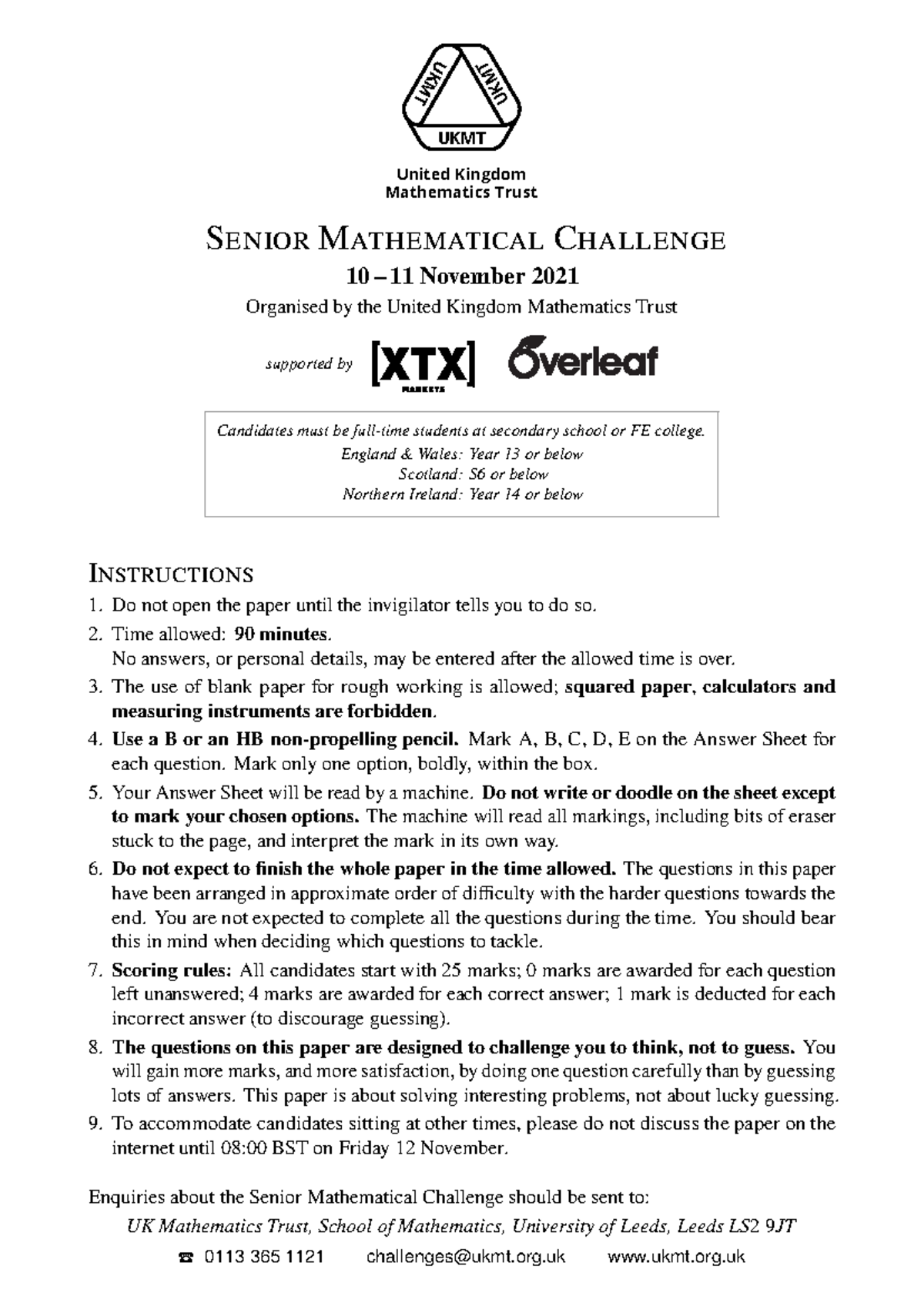 SMC 2021 paper - dfgg - UKMT UKMT UKMT United Kingdom Mathematics Trust Senior Mathematical ...