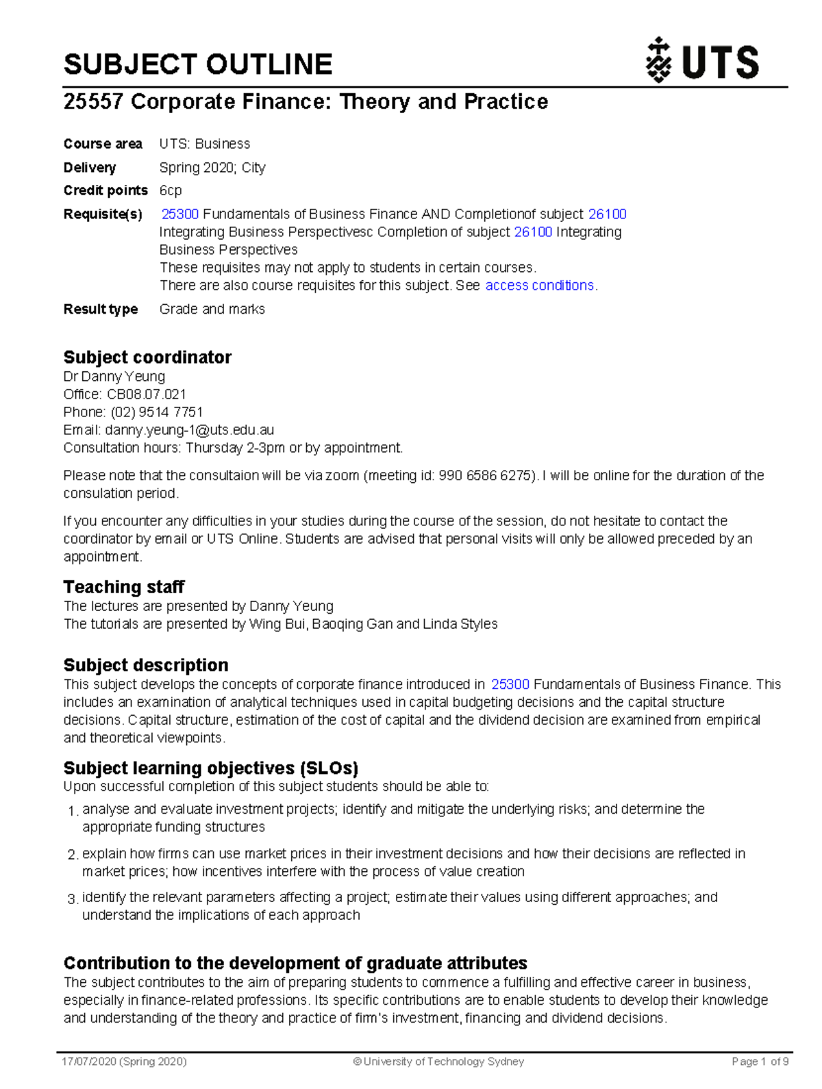 Course of Subject outline - 025557 - UTS - Studocu