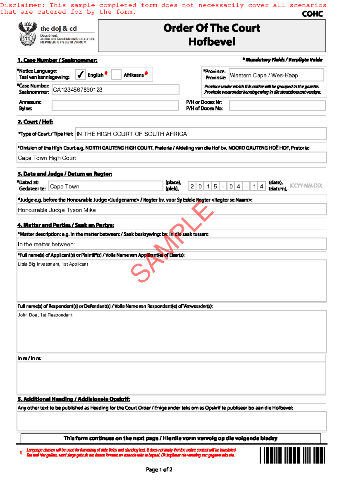 COPY OF Court Order Sample - Western Cape / Wes-Kaap CA IN THE HIGH ...