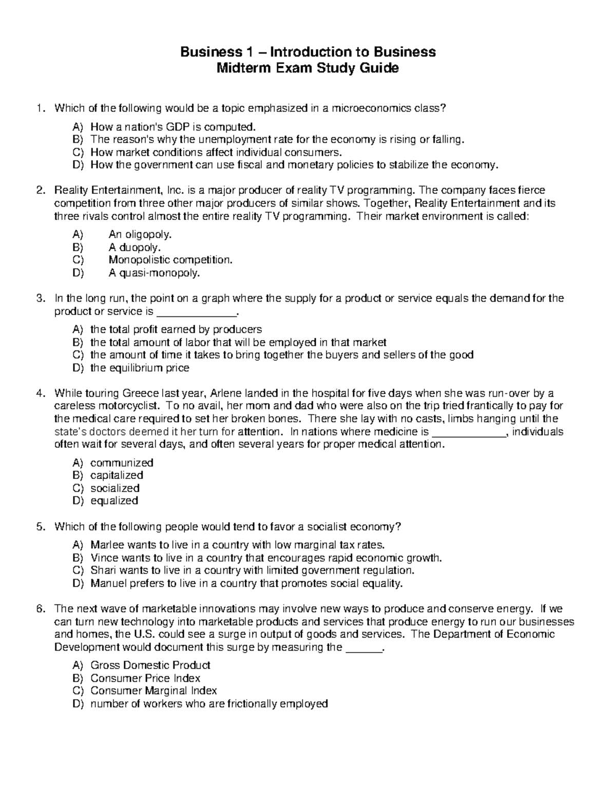 Midterm Exam Study Questions - Business 1 – Introduction to Business Midterm Exam Study Guide ...
