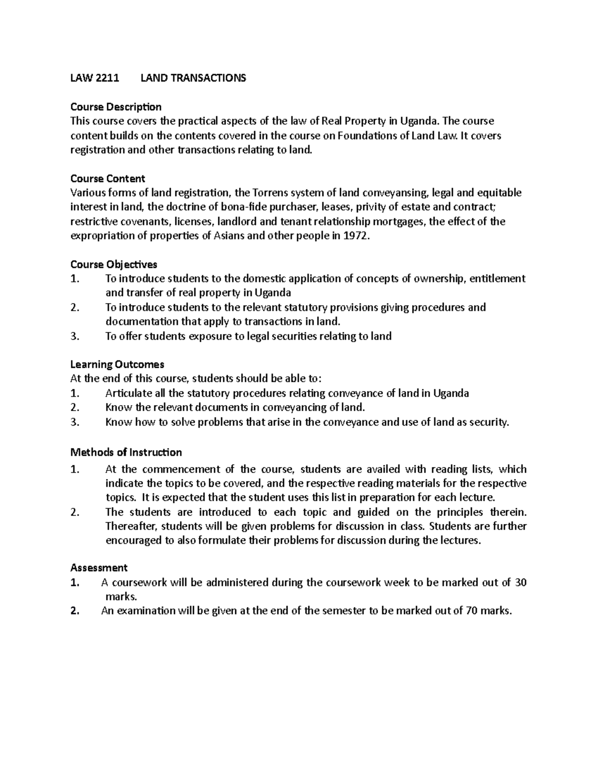 LAW 2211LAND Transactions - LAW 2211 LAND TRANSACTIONS Course ...