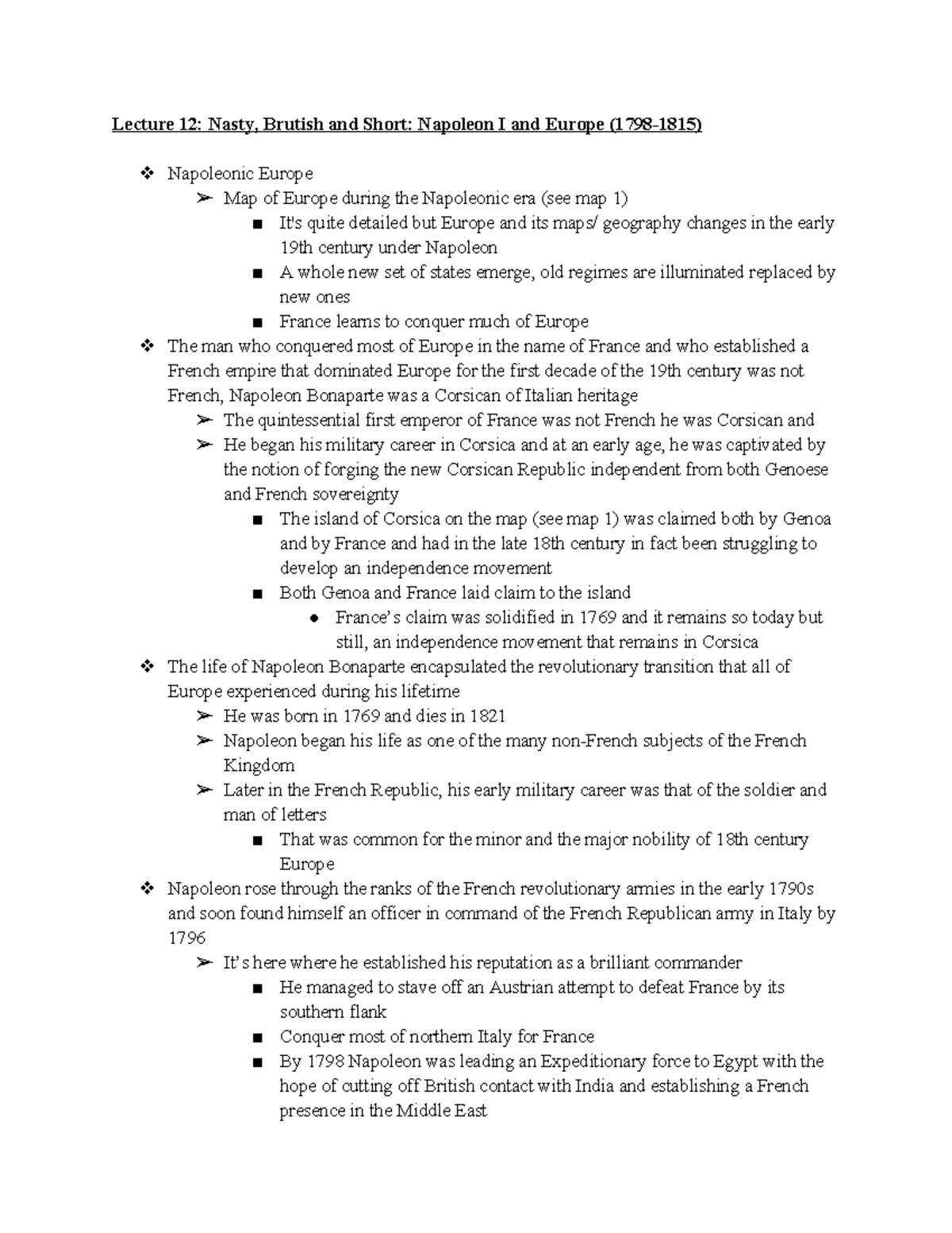 HIST 215 Notes 2 - Lecture 12: Nasty, Brutish and Short: Napoleon I and ...