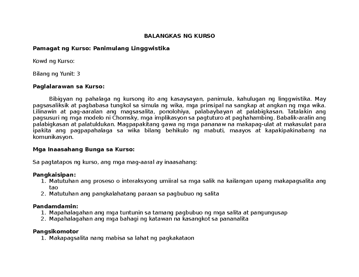 Silabus Linggwistika - Lecture notes DWDWDDWE - BALANGKAS NG KURSO ...