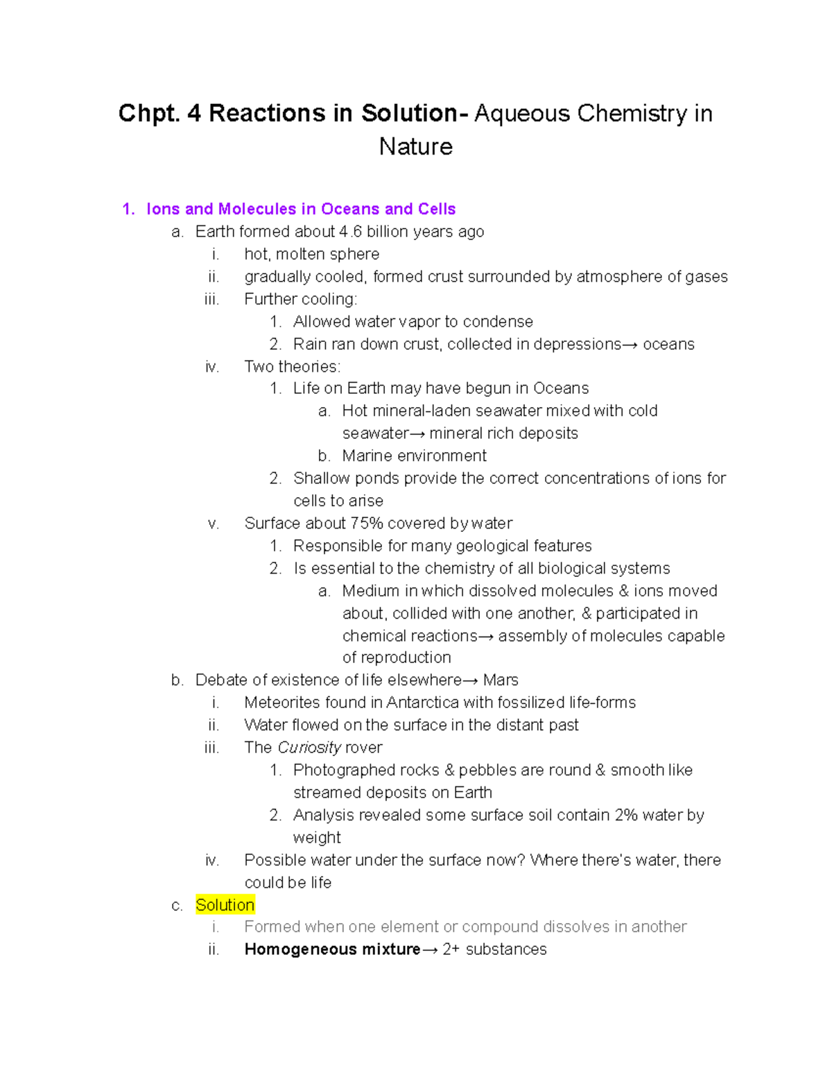 CHM 141 Chpt. 4 notes-2 - chapter notes - Chpt. 4 Reactions in Solution ...