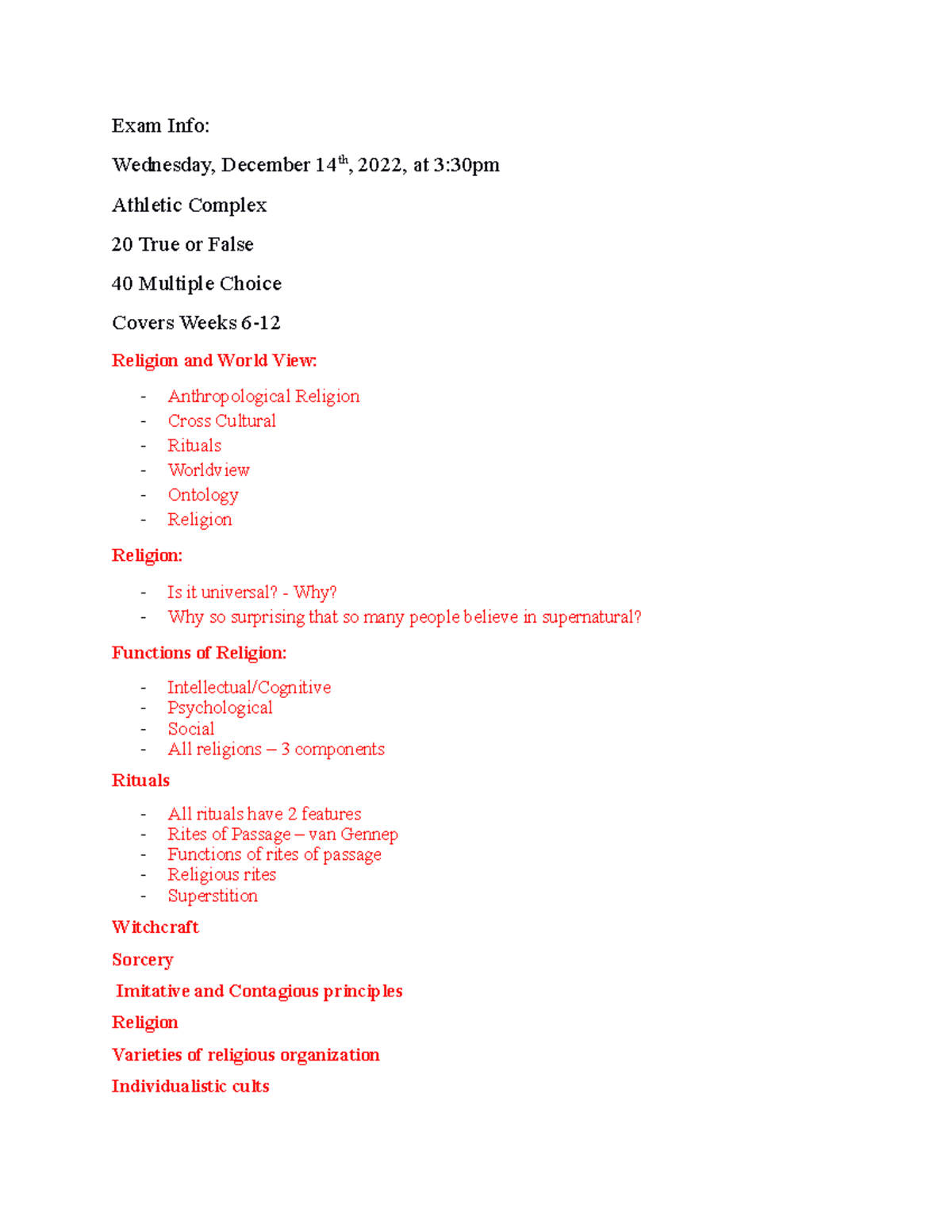 AN100 Final Exam Overview - Exam Info: Wednesday, December 14th, 2022 ...
