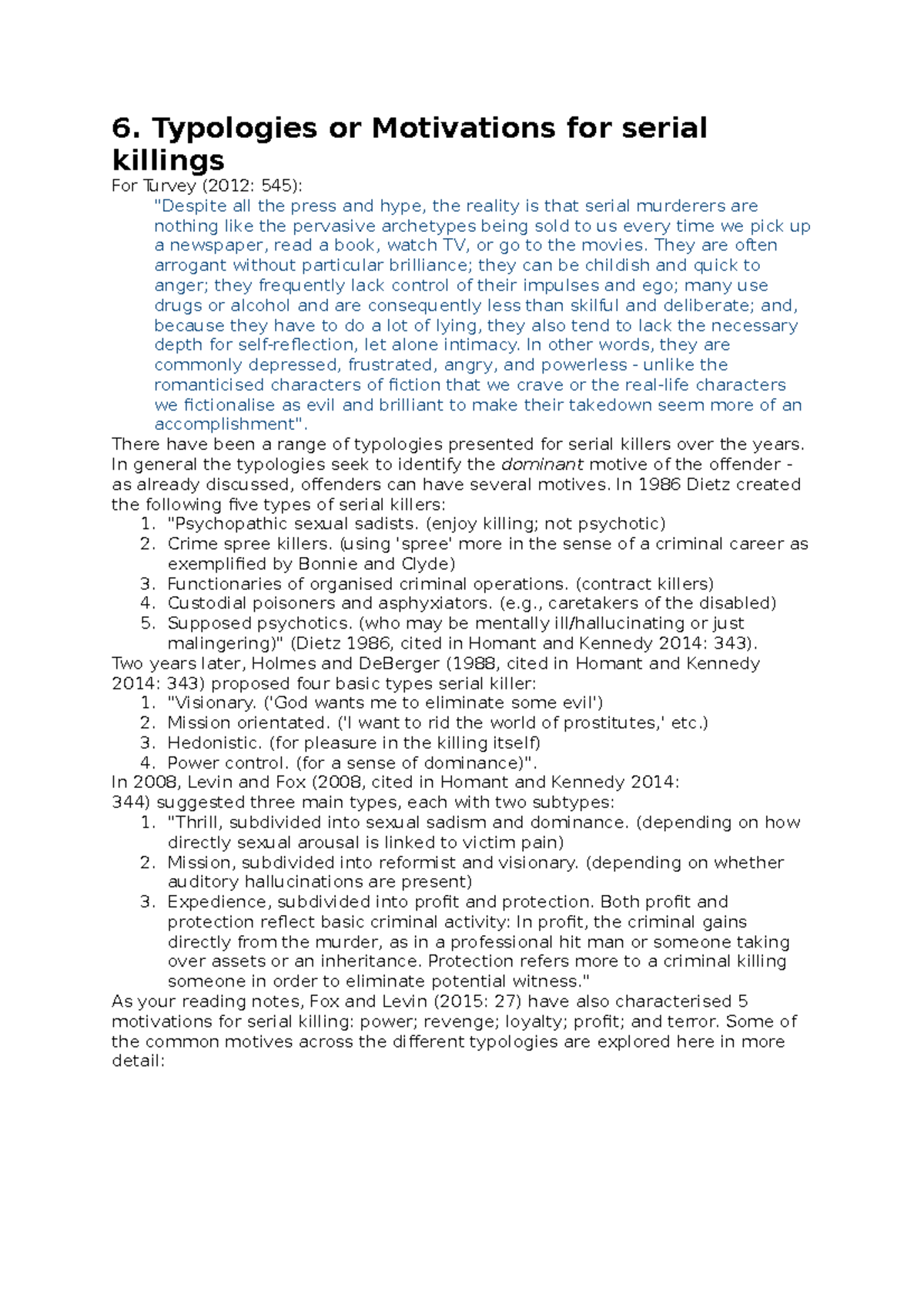 Motivations - notes - 6. Typologies or Motivations for serial killings ...