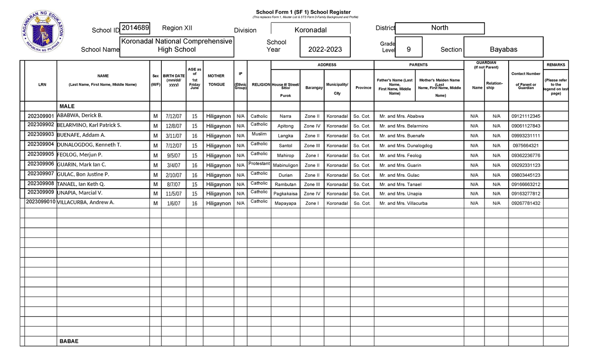 SF-1 Villarosa - School Form 1 (SF 1) School Register (This replaces ...