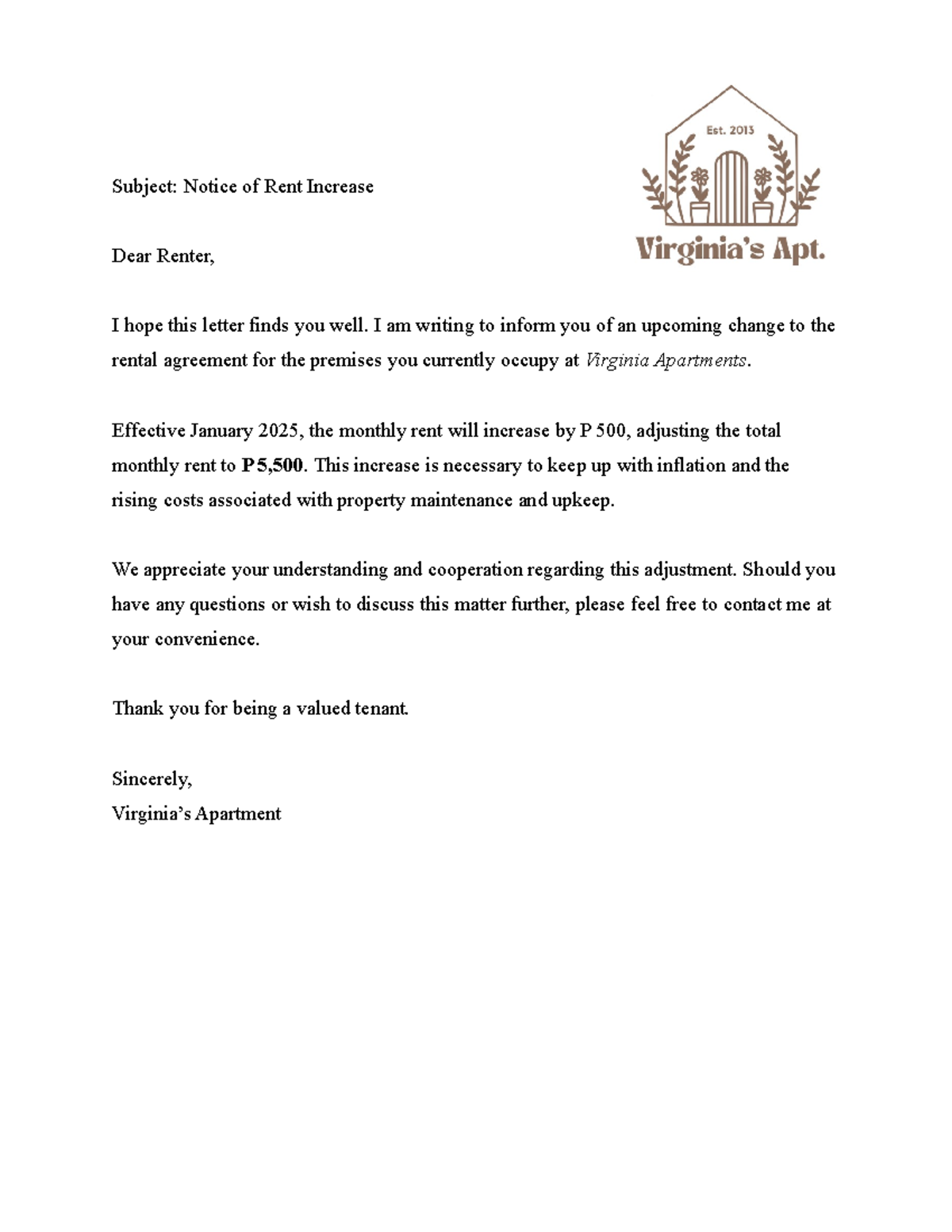 Rent increase - b ljhl - Subject: Notice of Rent Increase Dear Renter ...