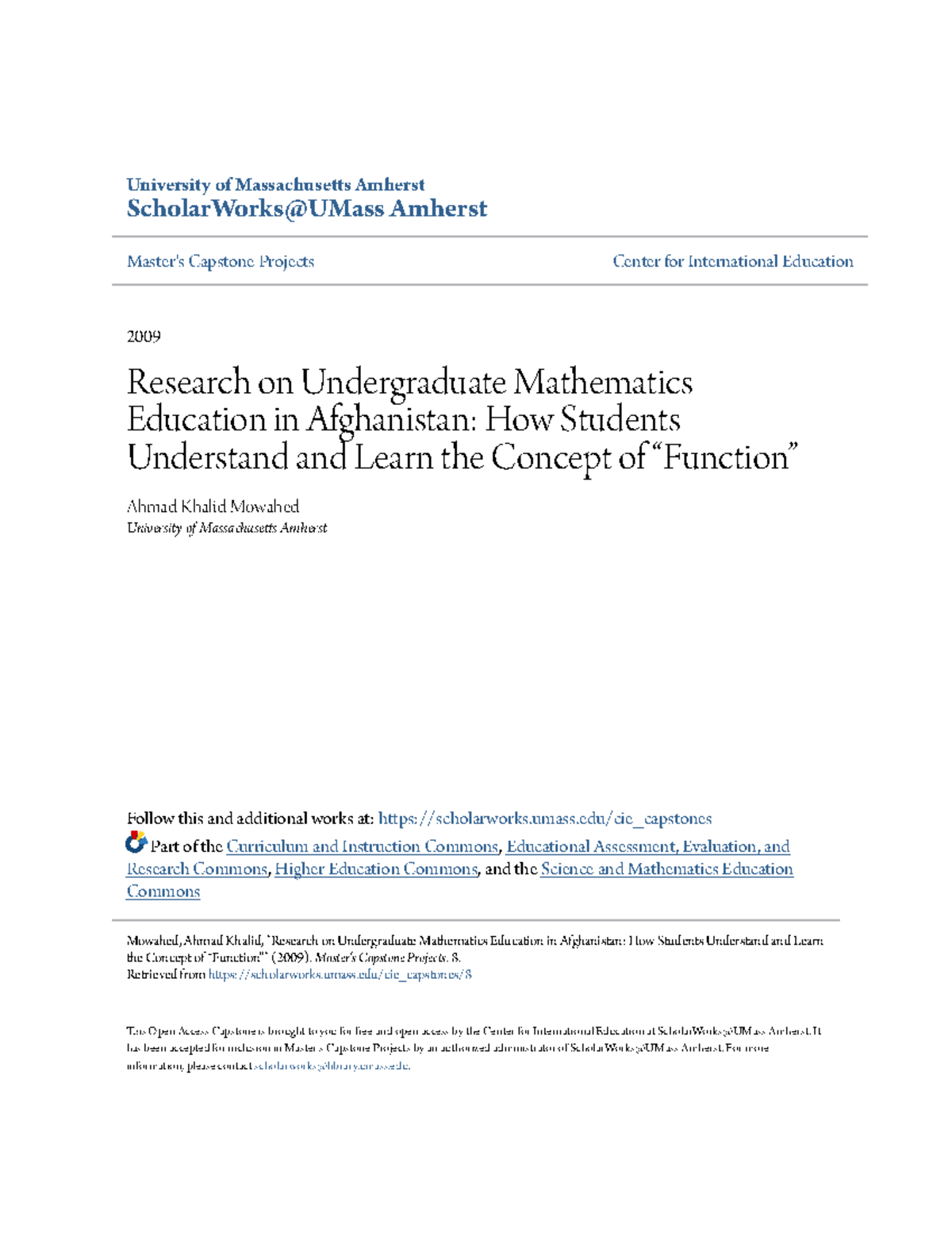 Research on Undergraduate Mathematics Education in Afghanistan ...