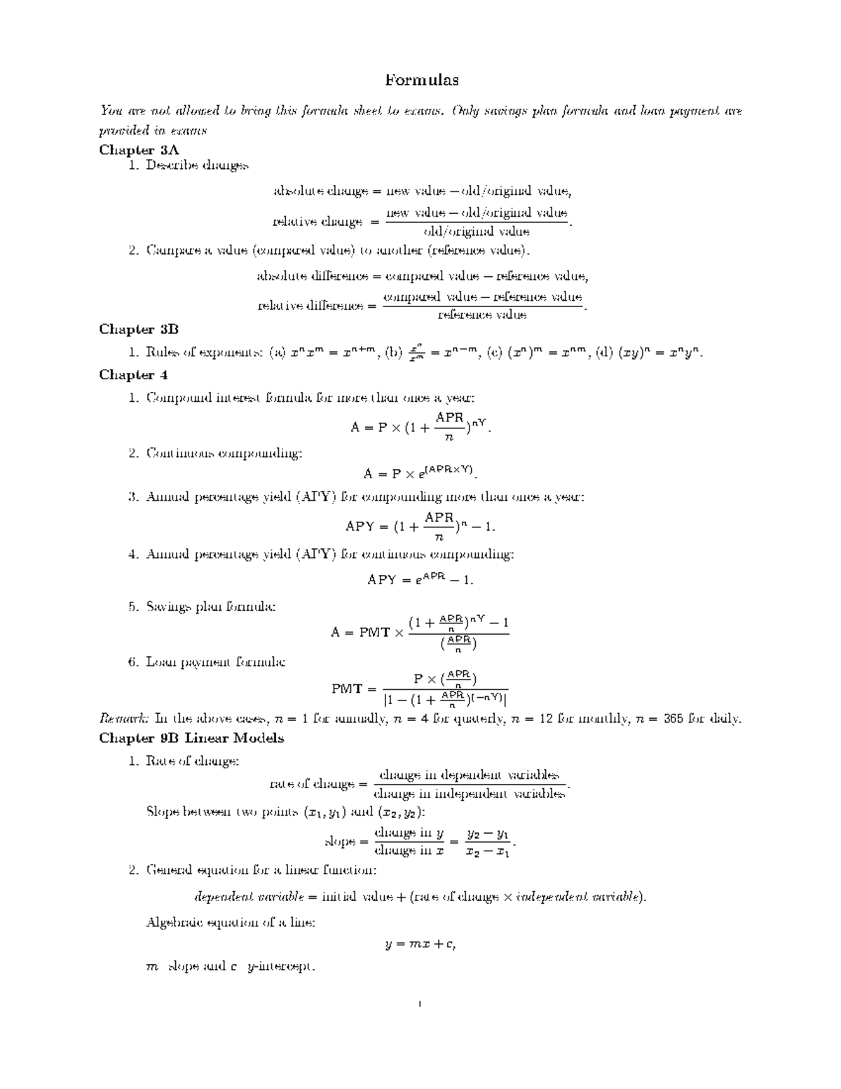 Formulas Math 1030 - Formulas You are not allowed to bring this formula ...