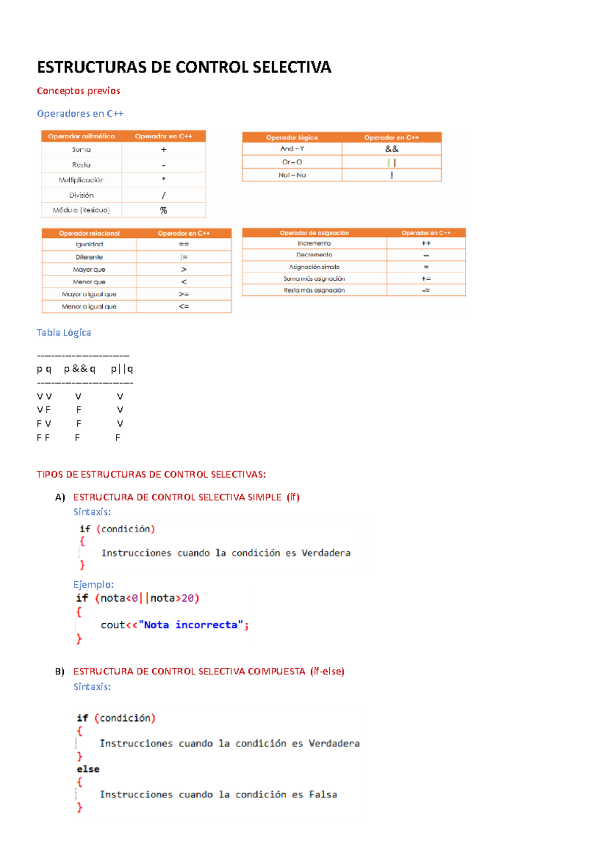 Ejemplos - Estructuras selectivas - Teoria - ESTRUCTURAS DE CONTROL SELECTIVA Conceptos previos ...