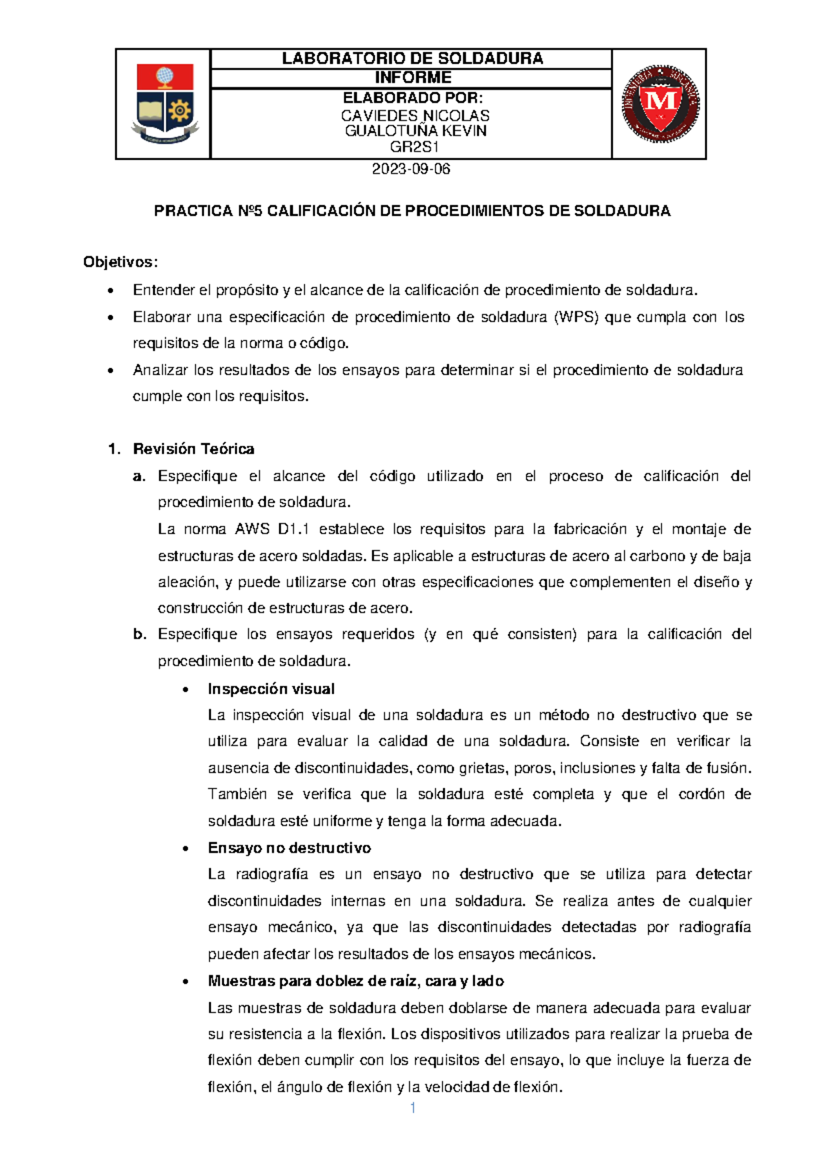 LIS 23A RPR5 CALIFOCACION DE SOLDADURA - 2023-09- INFORME ELABORADO POR ...