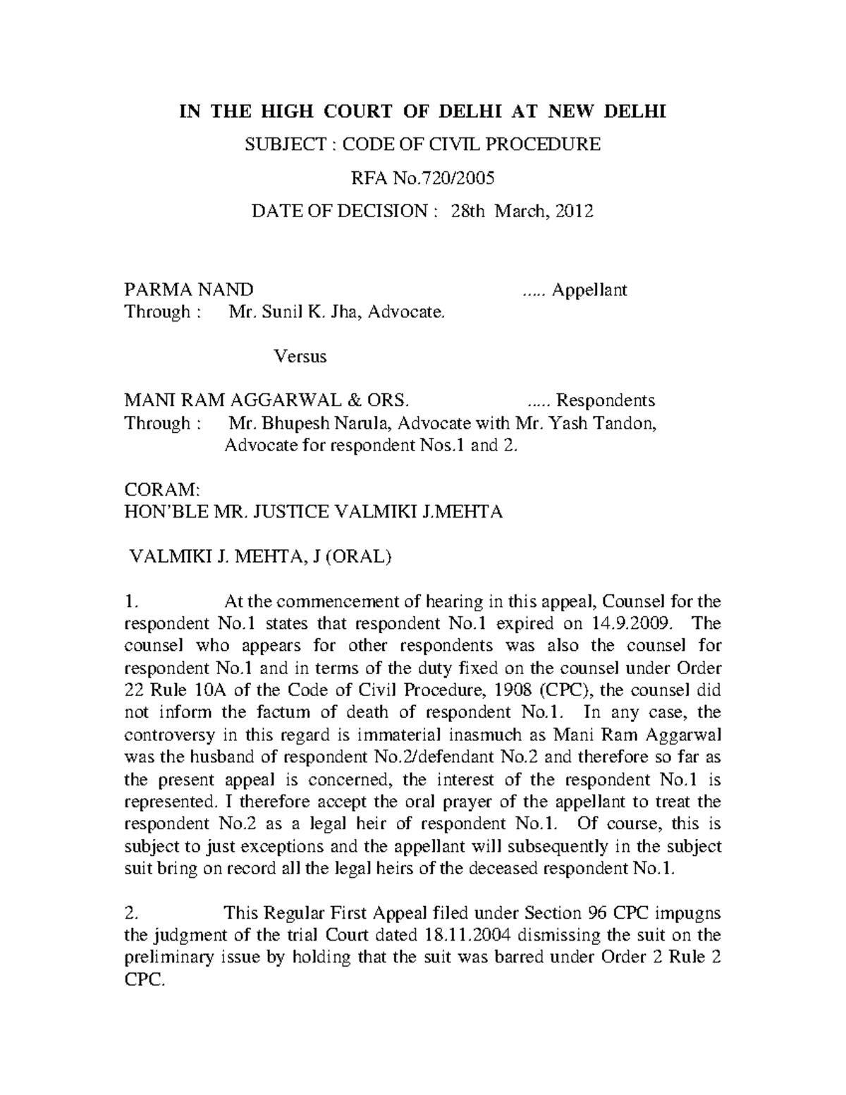 Parma Nand Vs. Mani Ran Aggarwal - IN THE HIGH COURT OF DELHI AT NEW ...