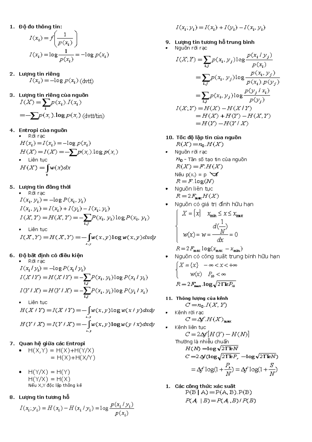 LTTT Côngthức - 1234 - Độ đo thông tin: ( ) 1 ( ) i i p x I x f log ...