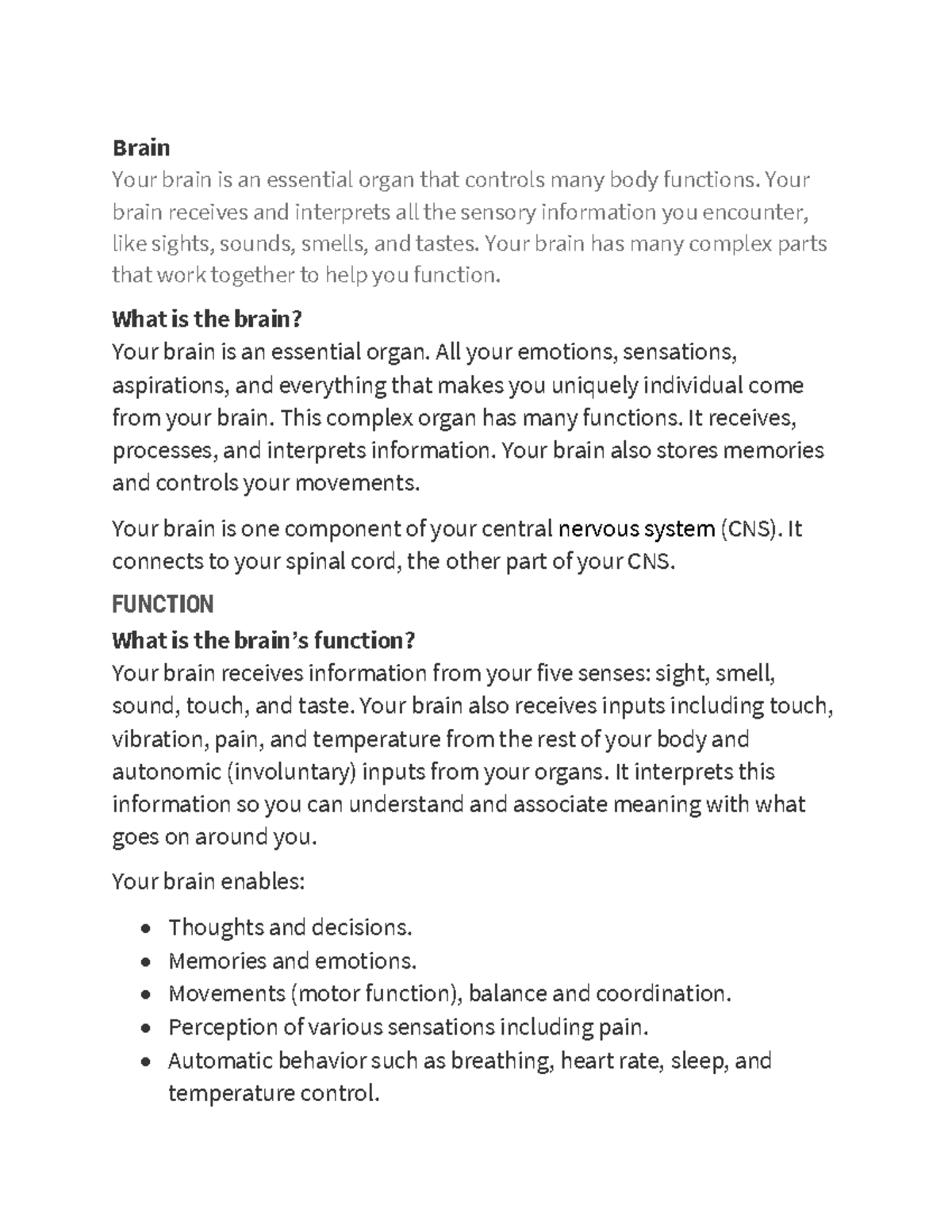 Brain Notes - Brain Your brain is an essential organ that controls many ...