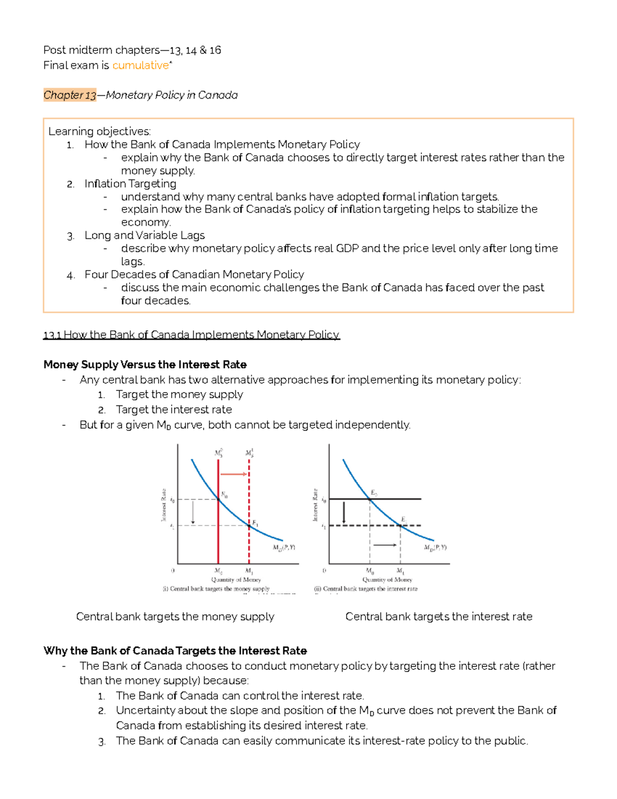 ECON Final slide notes - Post midterm chapters—13, 14 & 16 Final exam ...