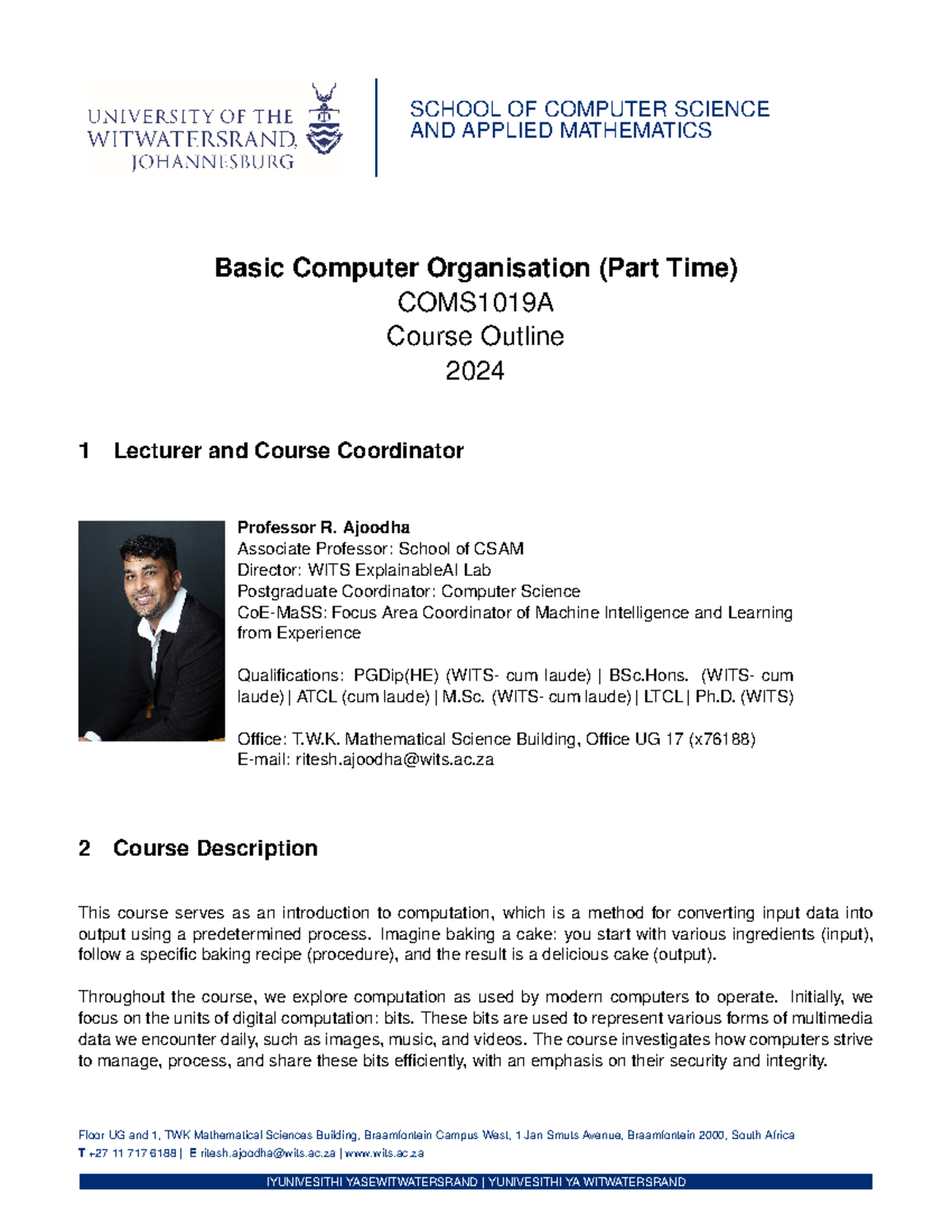 COMS1019A BCO Course Outline - SCHOOL OF COMPUTER SCIENCE AND APPLIED ...