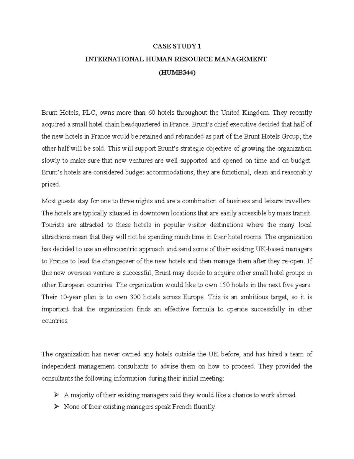 CASE Study 1 - CASE STUDY 1 INTERNATIONAL HUMAN RESOURCE MANAGEMENT ...