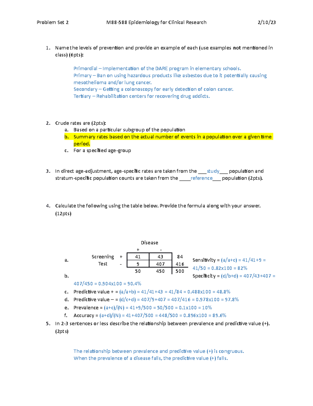 Problem Set 2 - Answer Key - Problem Set 2 M88-588 Epidemiology for ...