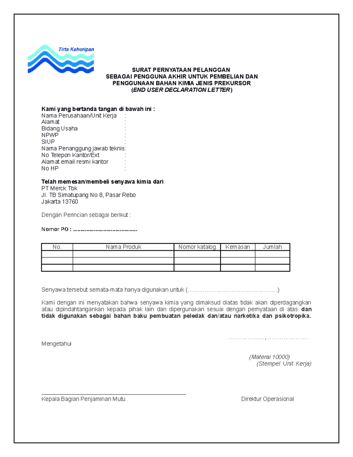 END USER Declaration Letter - SURAT PERNYATAAN PELANGGAN SEBAGAI - Studocu