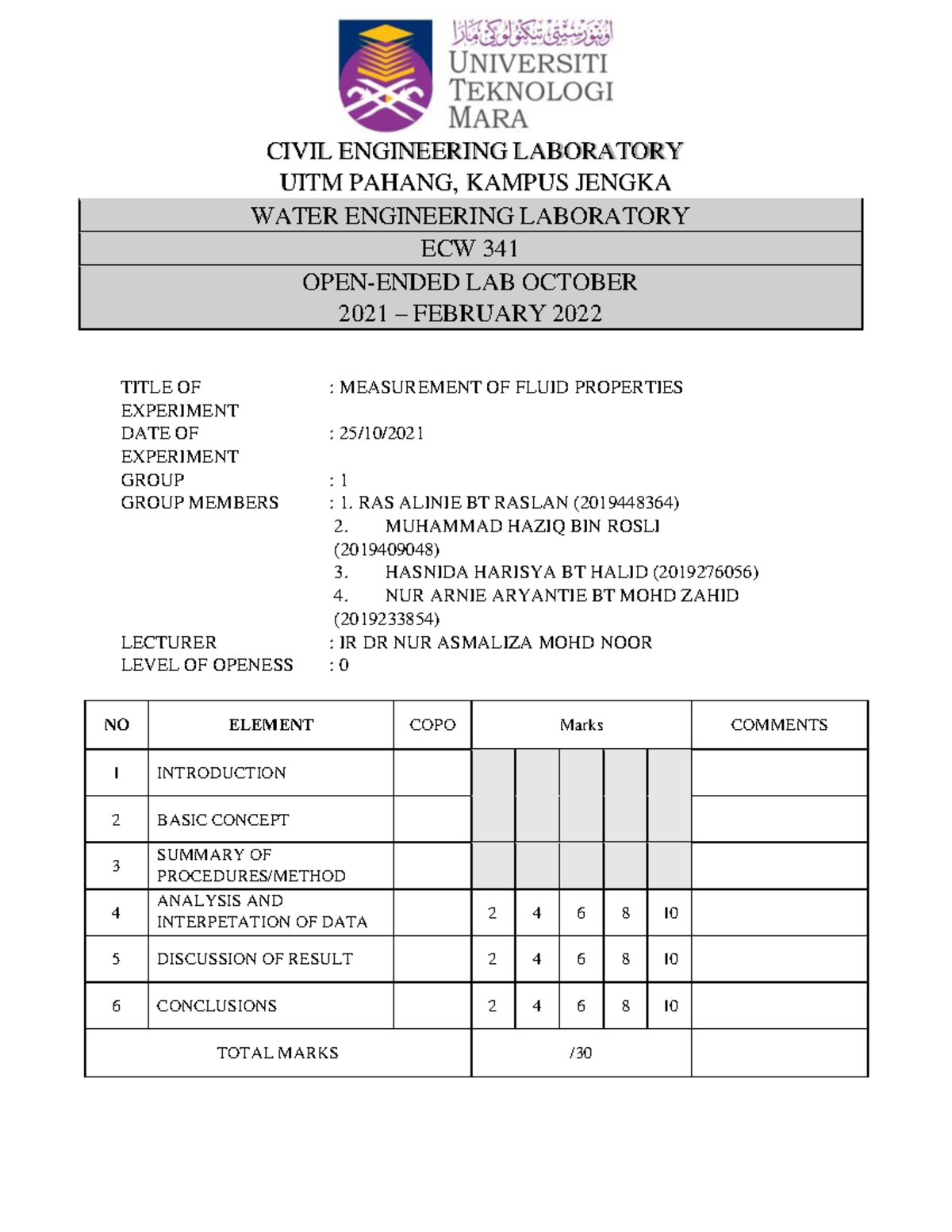 Group 1 LAB Report Fluid Properties Confirm Lab Water UiTM Studocu