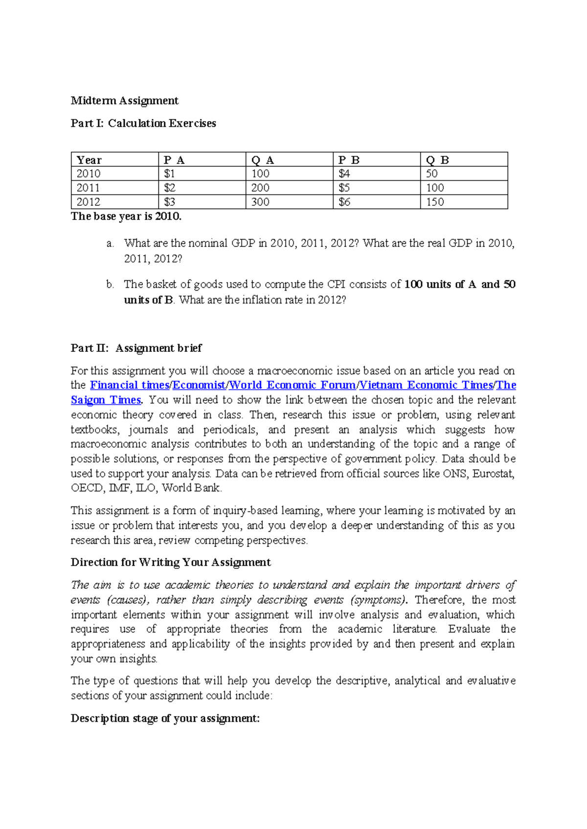 Bài tập tự luận Midterm Macroeconomics đề thầy Hà - Midterm Assignment Part I: Calculation ...