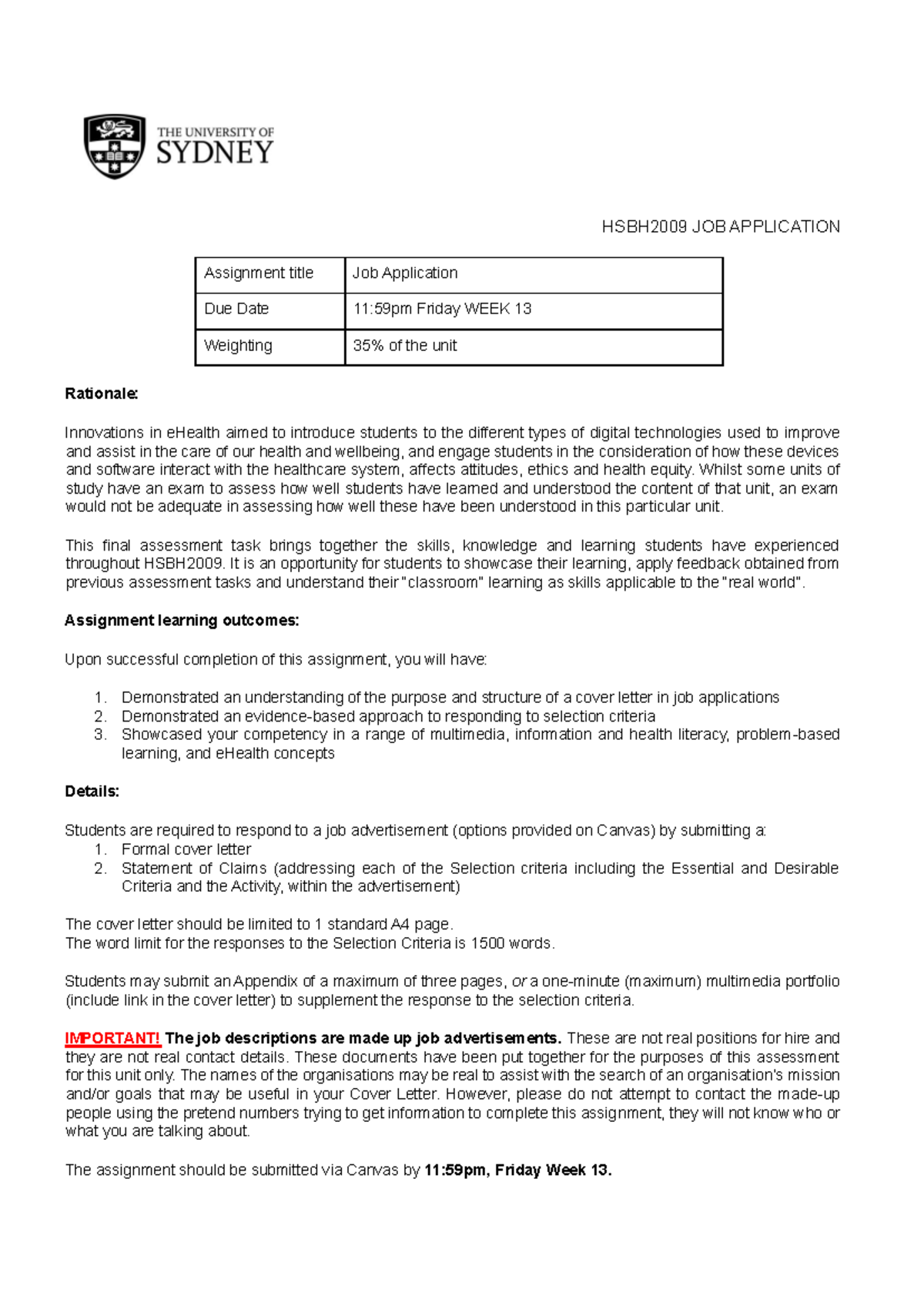HSBH2009 Job Application 2024-1 - HSBH2009 JOB APPLICATION Assignment ...