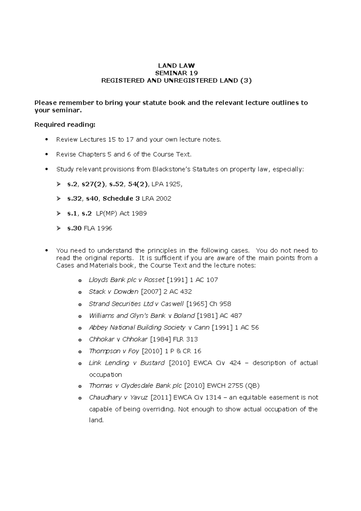 Seminar 19 - Registered land - LAND LAW SEMINAR 19 REGISTERED AND ...